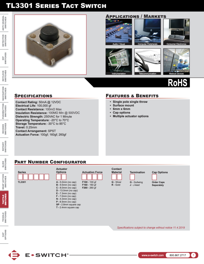 Tl3301 Datasheet - E-Switch, Inc.